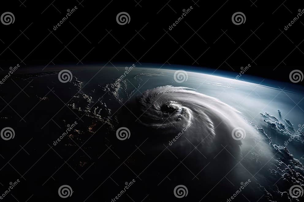 Hurricane, with View of Storm Clouds and Lightning, on Black Background ...