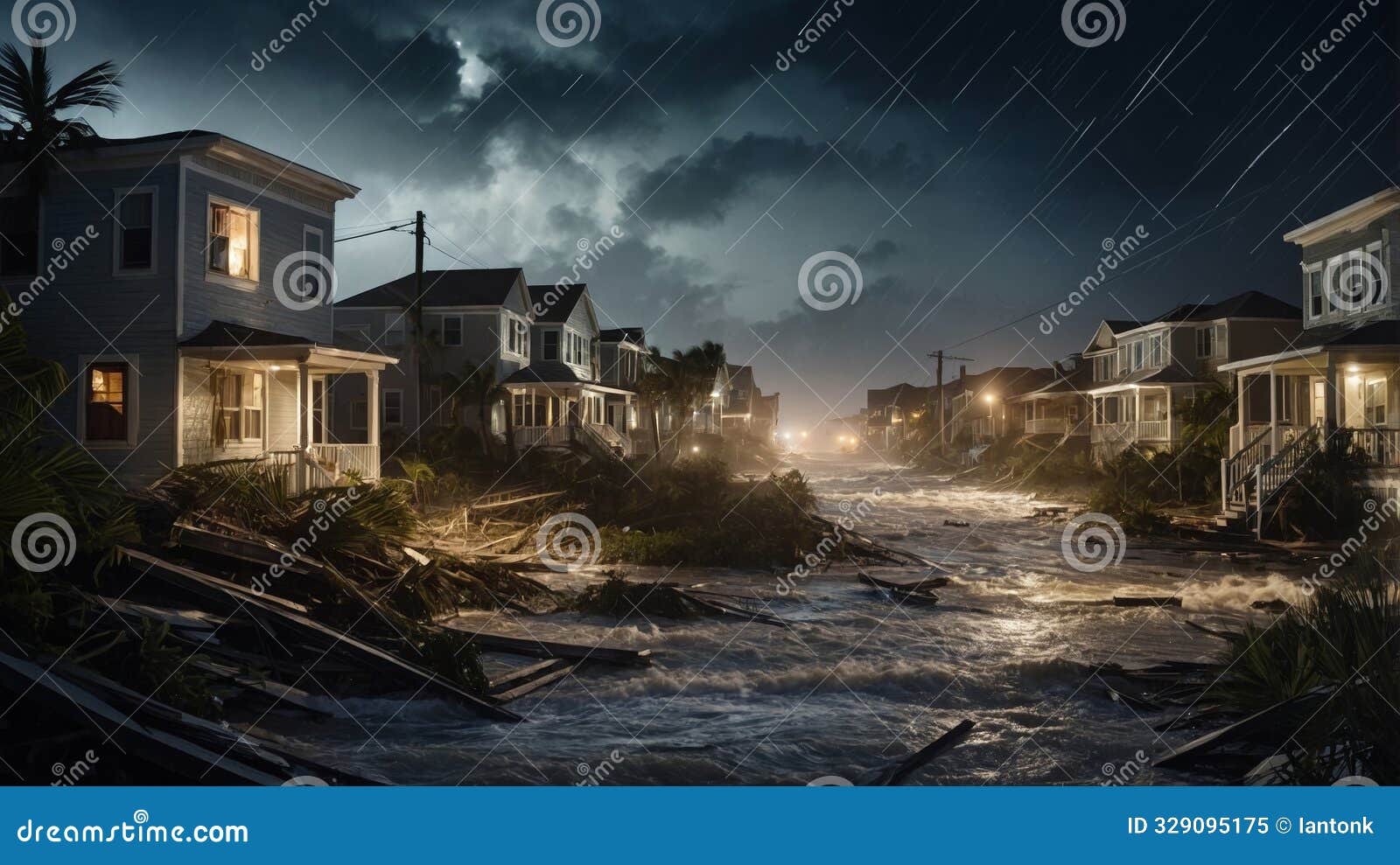 Hurricane Winds Devastating a Coastal Community at Night Stock ...