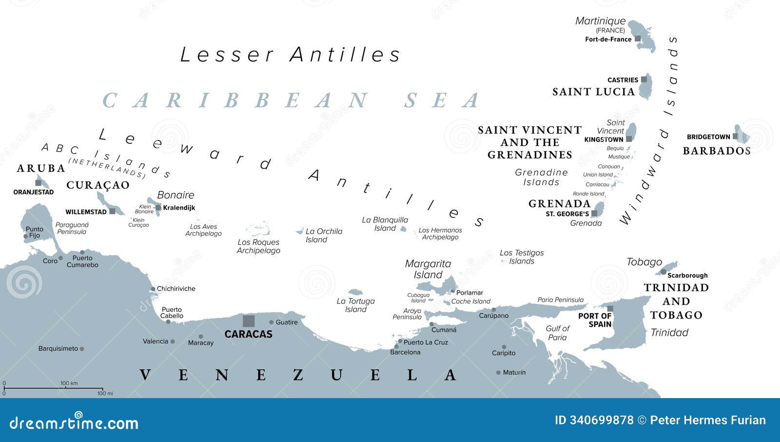 Hurricane Free Caribbean Islands, Gray Map of Leeward Antilles and ...