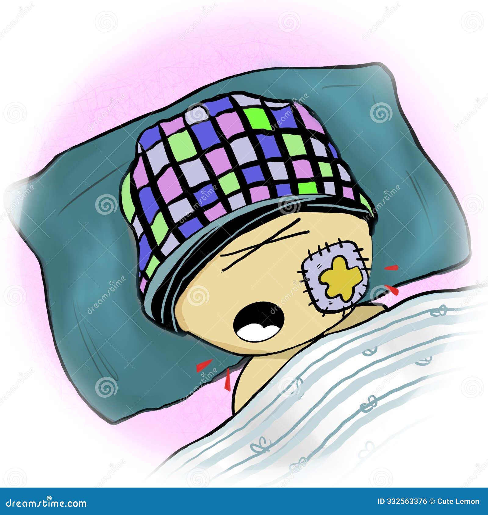 Hurt Boy on the Bed on Pink Background Stock Illustration ...