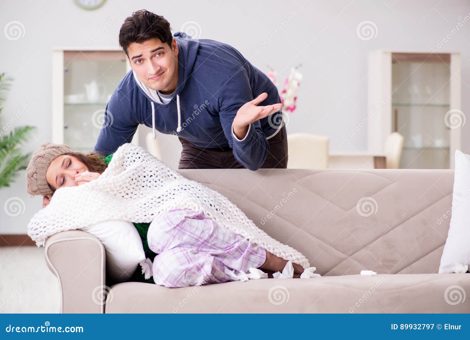 The Husband Caring for Sick Wife Stock Image - Image of couch, nose ...