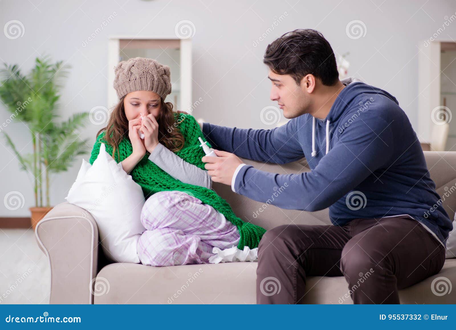The Husband Caring for Sick Wife Stock Photo - Image of couch, cold ...