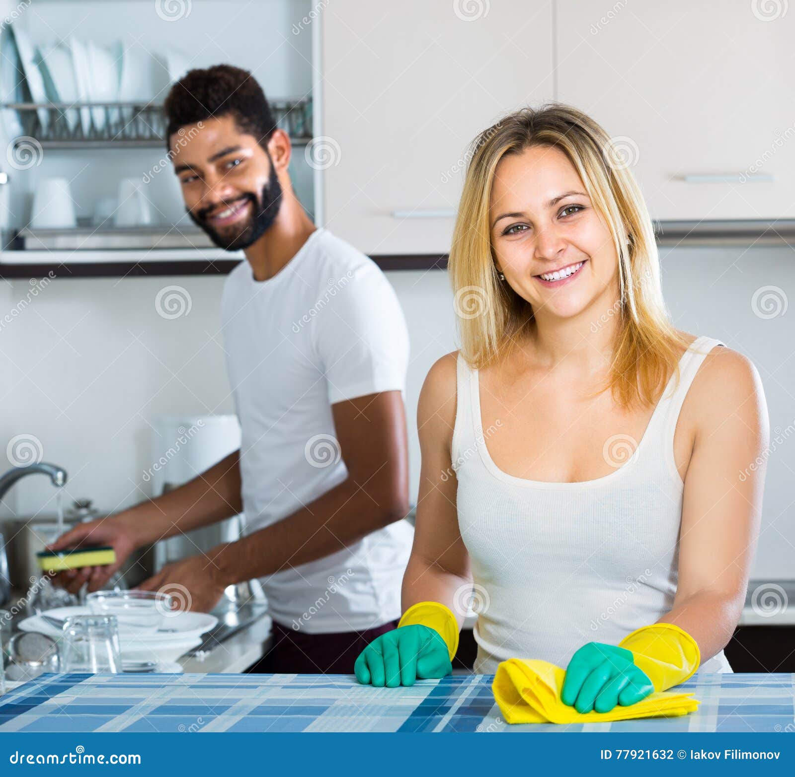 Husband Helping Girl Doing Clean Up Stock Photo - Image of housewife ...