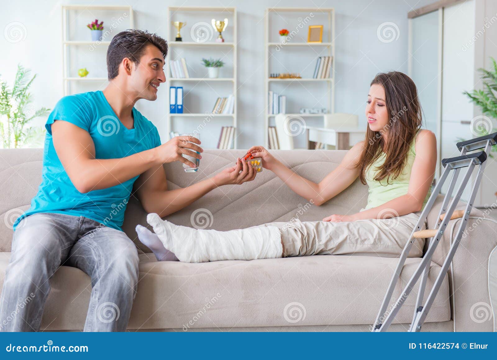 The Husband Man Supporting Injured Wife Stock Photo - Image of crutches ...
