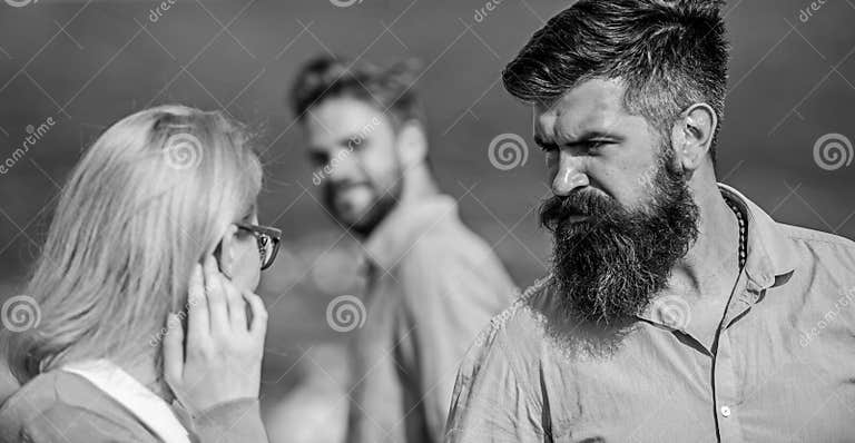 Husband Strictly Watching His Wife Looking At Another Guy While Walk Passerby Smiling To Lady