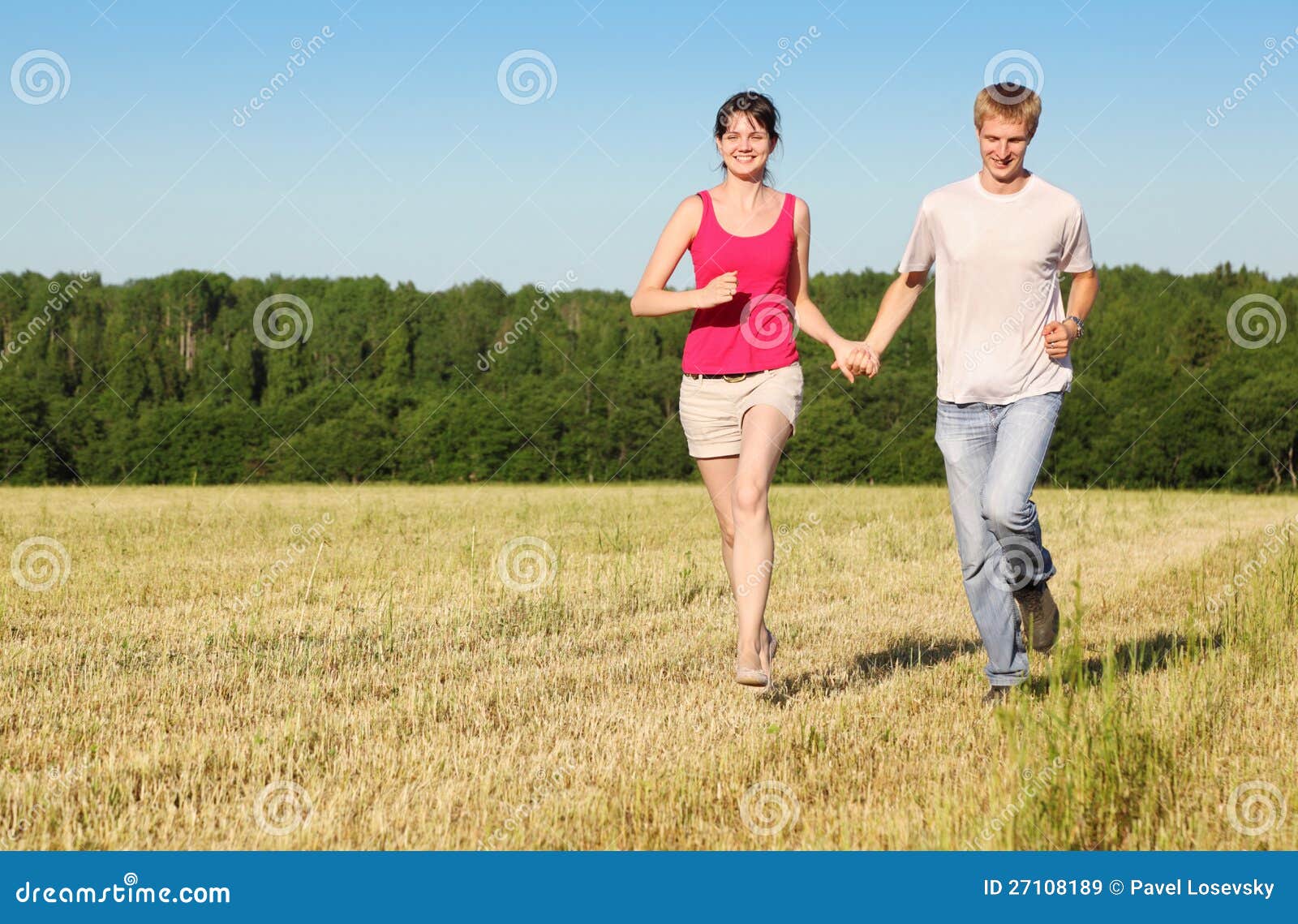 Husband, Wife Holding Hands Run in Field Stock Image - Image of people ...