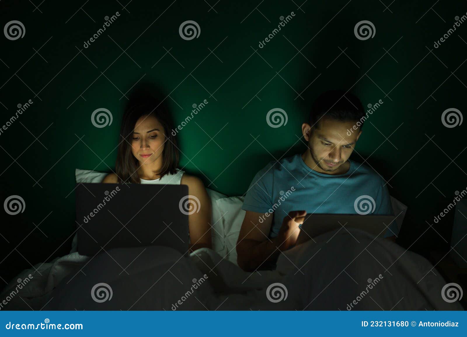 Husband and Wife Using Laptops in Bed Stock Photo - Image of computer ...