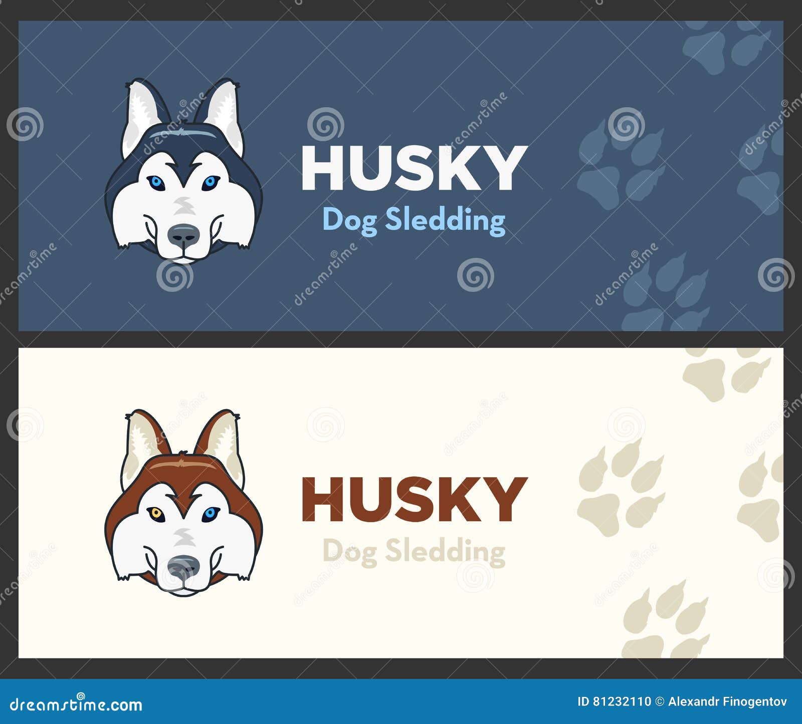 Husky Head Flat Logo Vector Set. Husky Dog Sledding. Dog Footprints On ...