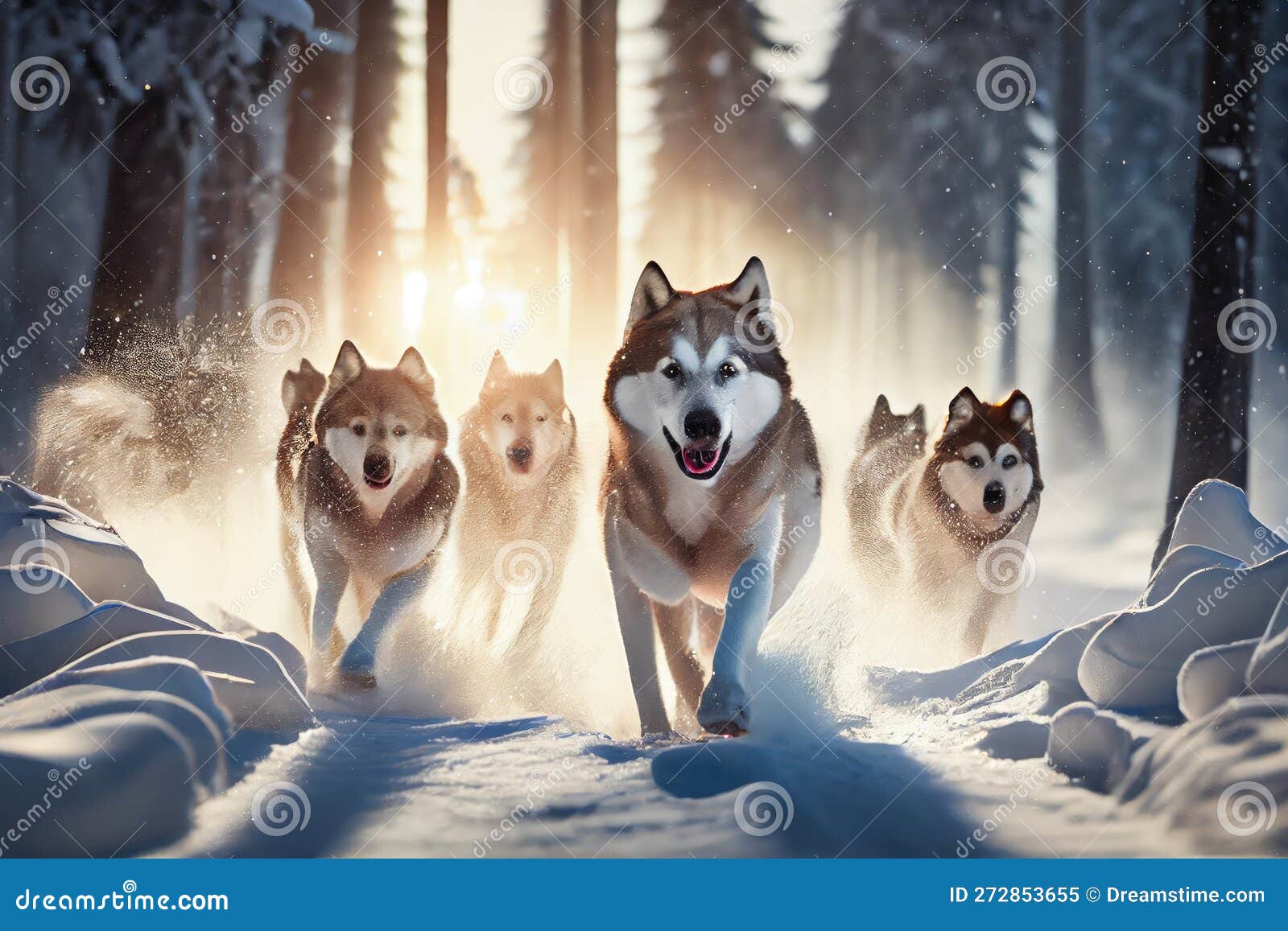 Husky Sled Dog Pack Racing through Snowy Forest Stock Illustration ...