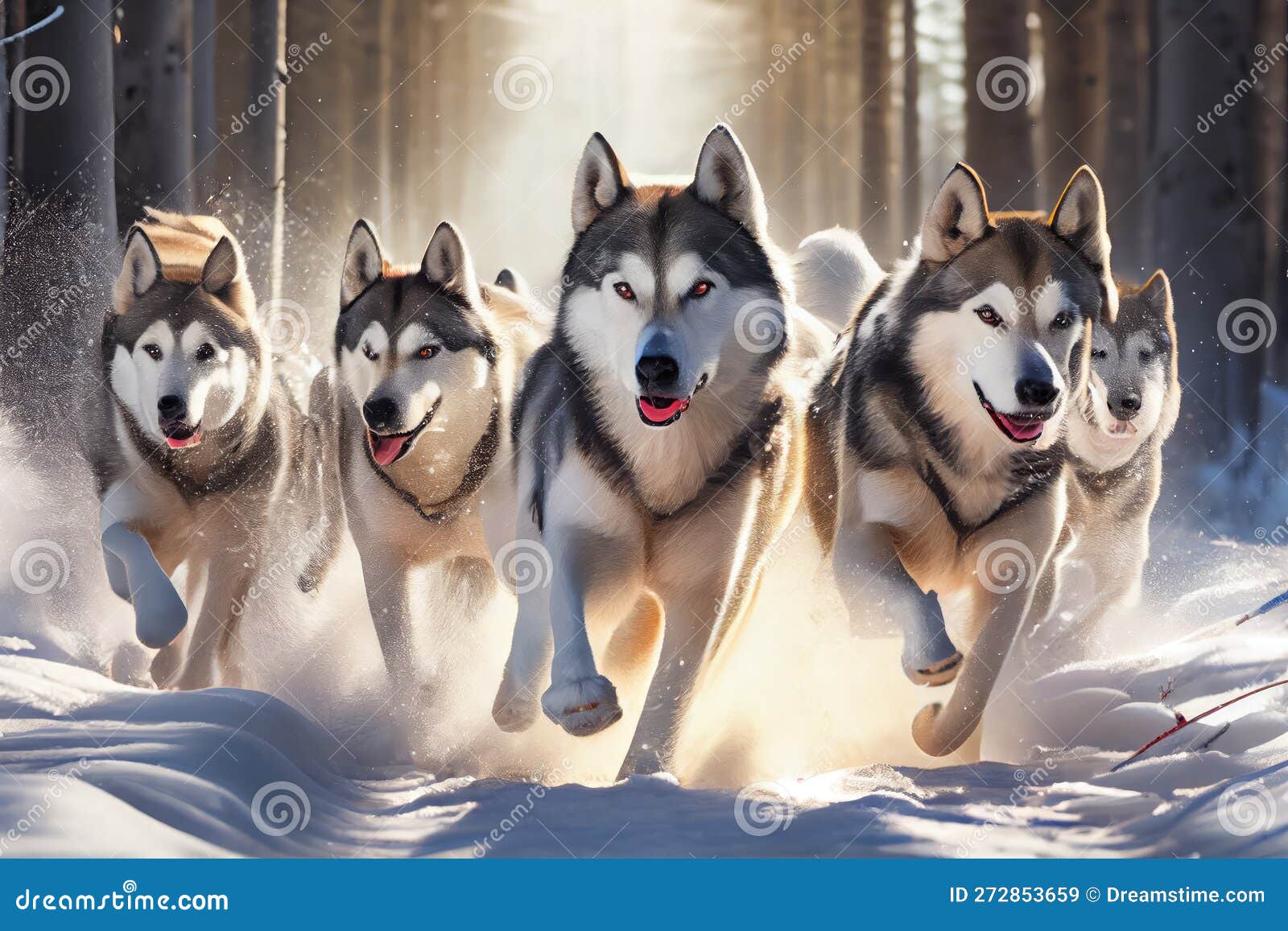 Husky Sled Dog Pack Racing through Snowy Forest Stock Image - Image of ...