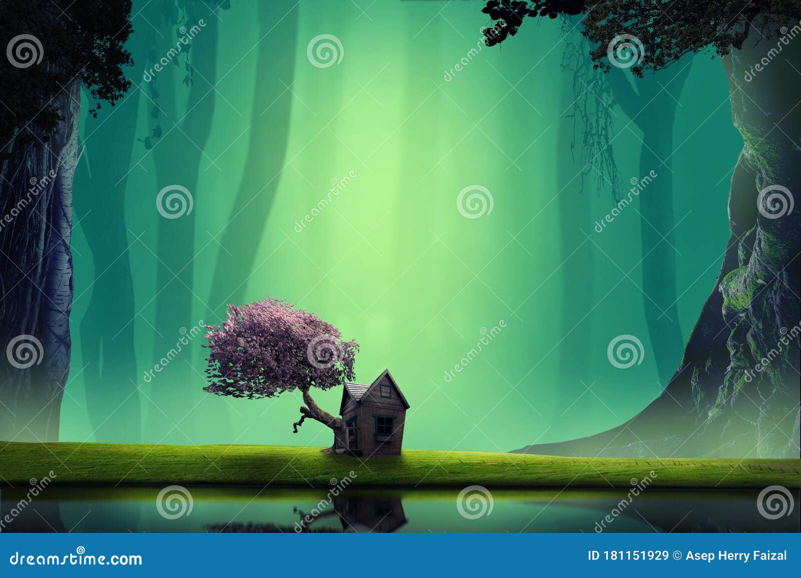 A Hut and Cherry Trees on the Grass, with a Background of Foggy Forest ...