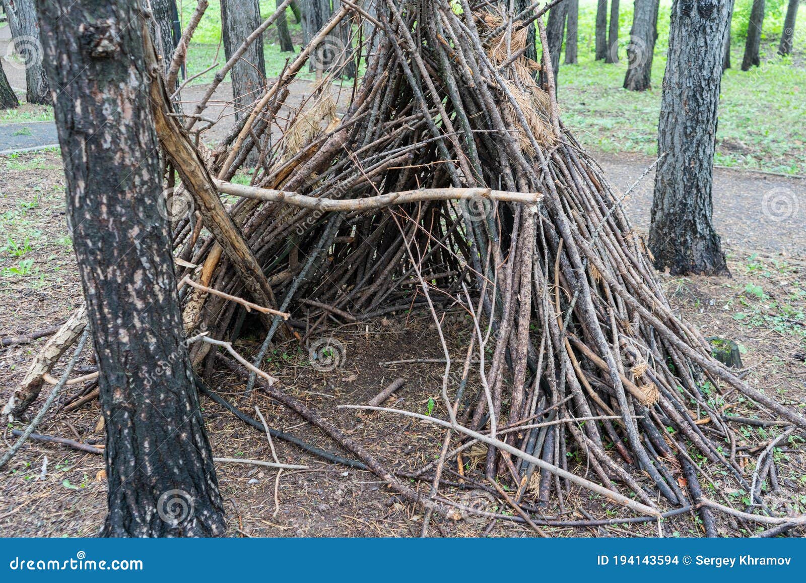 Hut Made of Tree Branches in a City Park Stock Photo - Image of shelter ...