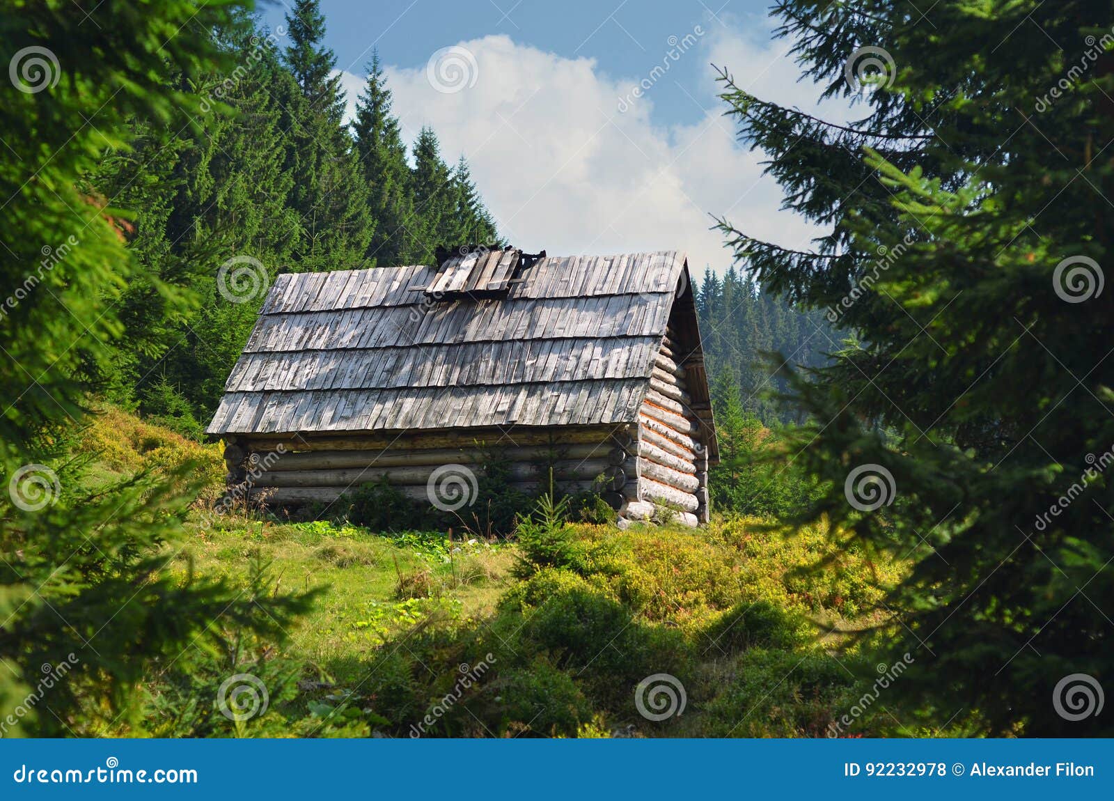 Hut in mountains forest stock photo. Image of nature - 92232978