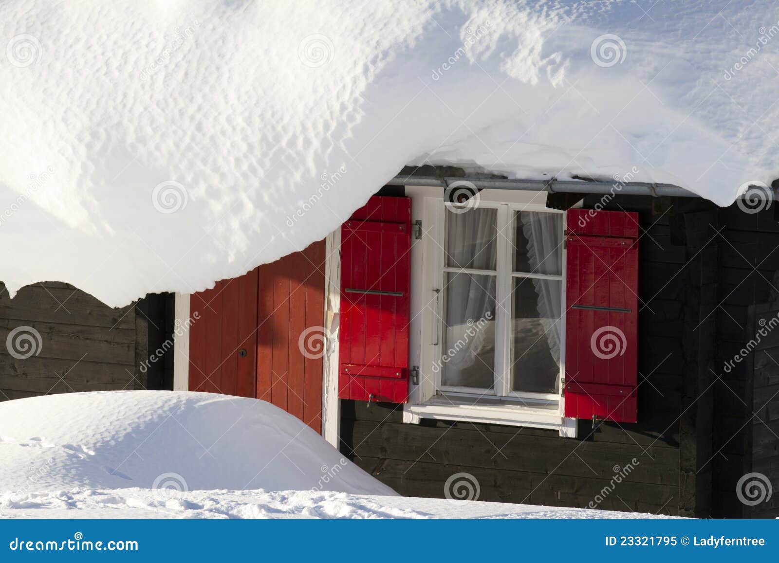 Hut with Red Shutters in Deep Snow Stock Image - Image of deep, tracks ...
