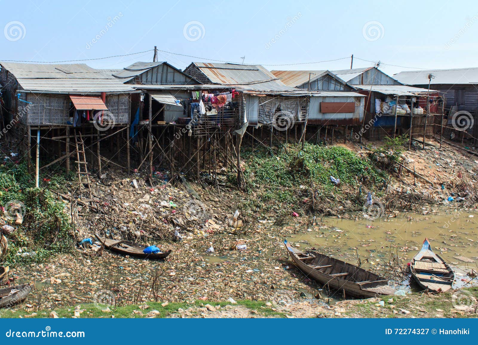 Hut Village - Slum on Polluted River in Cambodia Stock Image - Image of ...