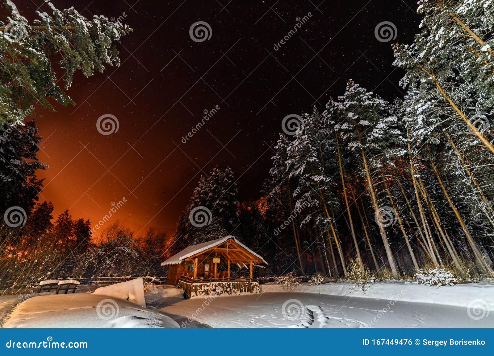 Hut on a winter night. stock photo. Image of nature - 167449476