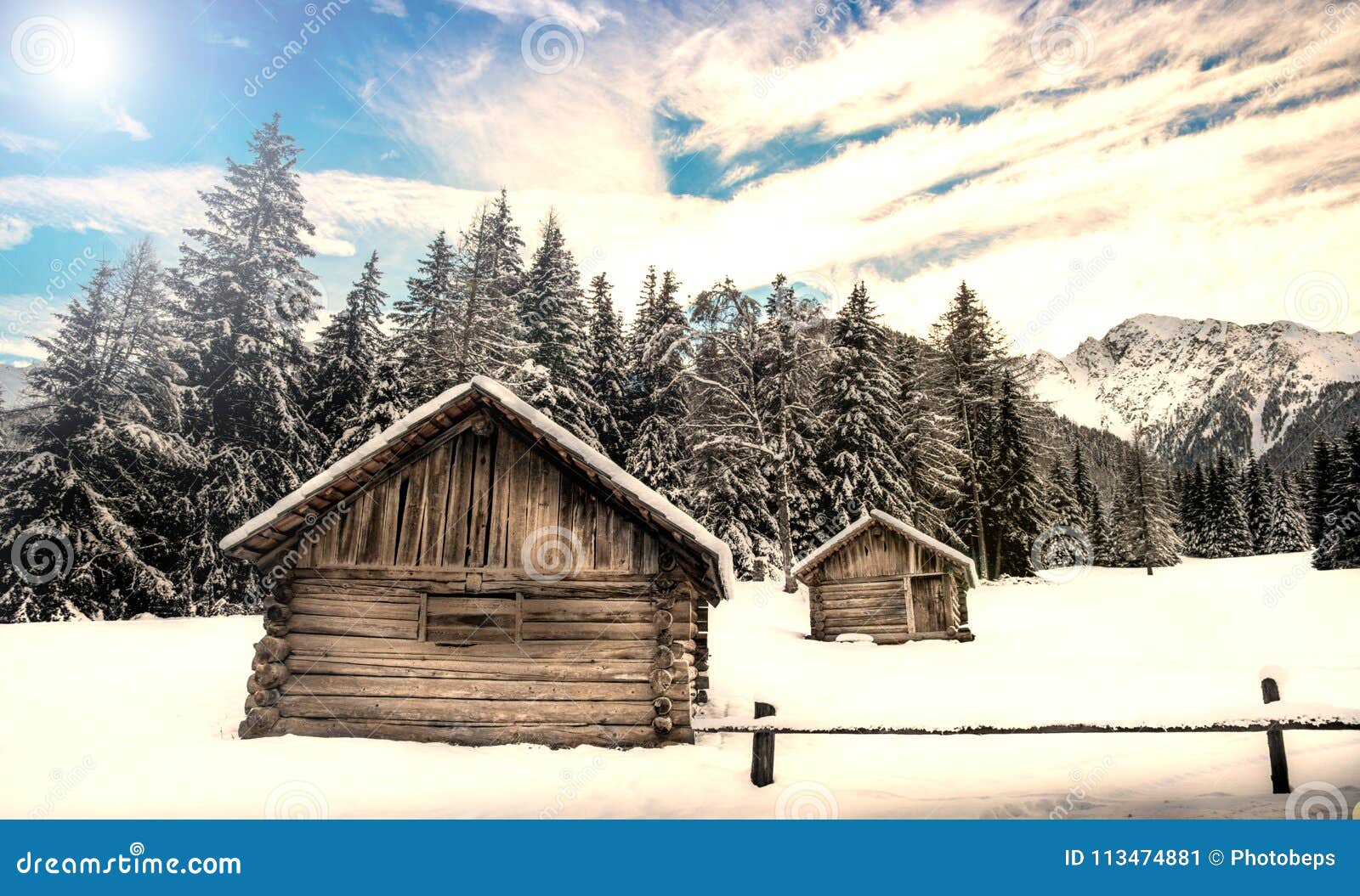 Hut on winter panorama stock image. Image of relax, italy - 113474881
