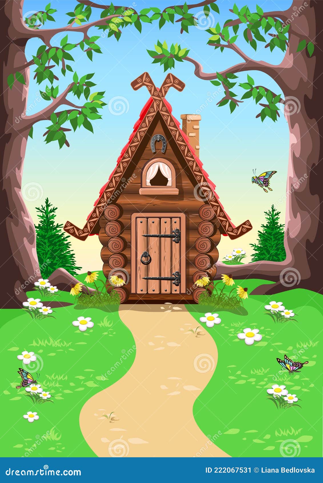 A Fairy Tale Hut Made of Logs with Carved Trim on the Roof Stock Vector ...