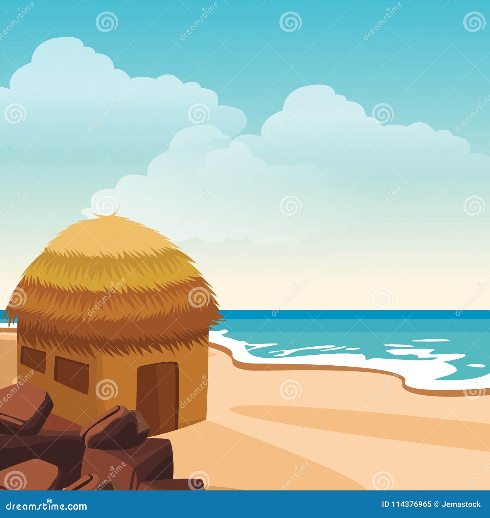 Huts at beach scenery stock vector. Illustration of cloud - 114376965