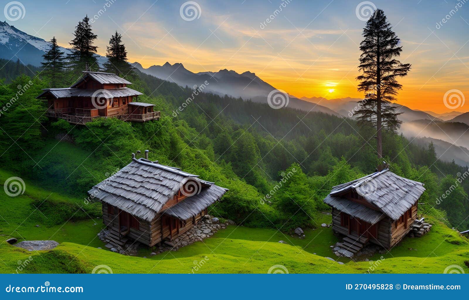 Huts on the Top of the Mountain with Green Forest , AI Generated Stock ...