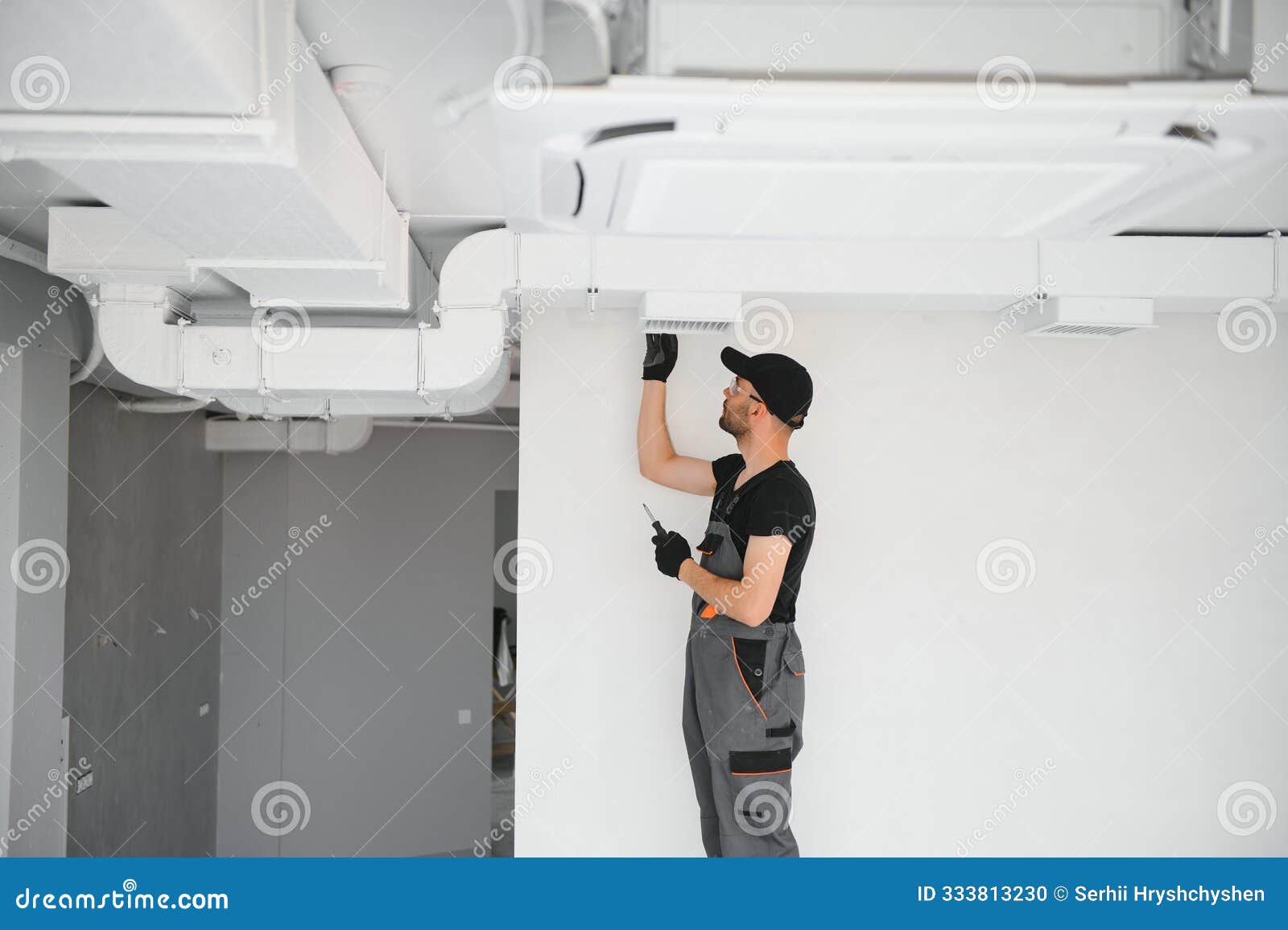 Hvac Services, Worker Install Ducted Pipe System for Ventilation and ...