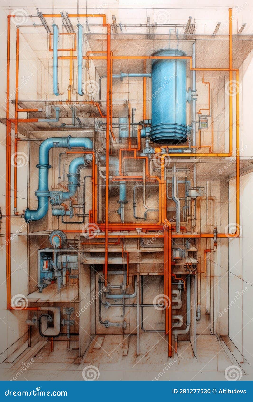 Hvac System Blueprints with Measuring Tape and Pencil Stock ...