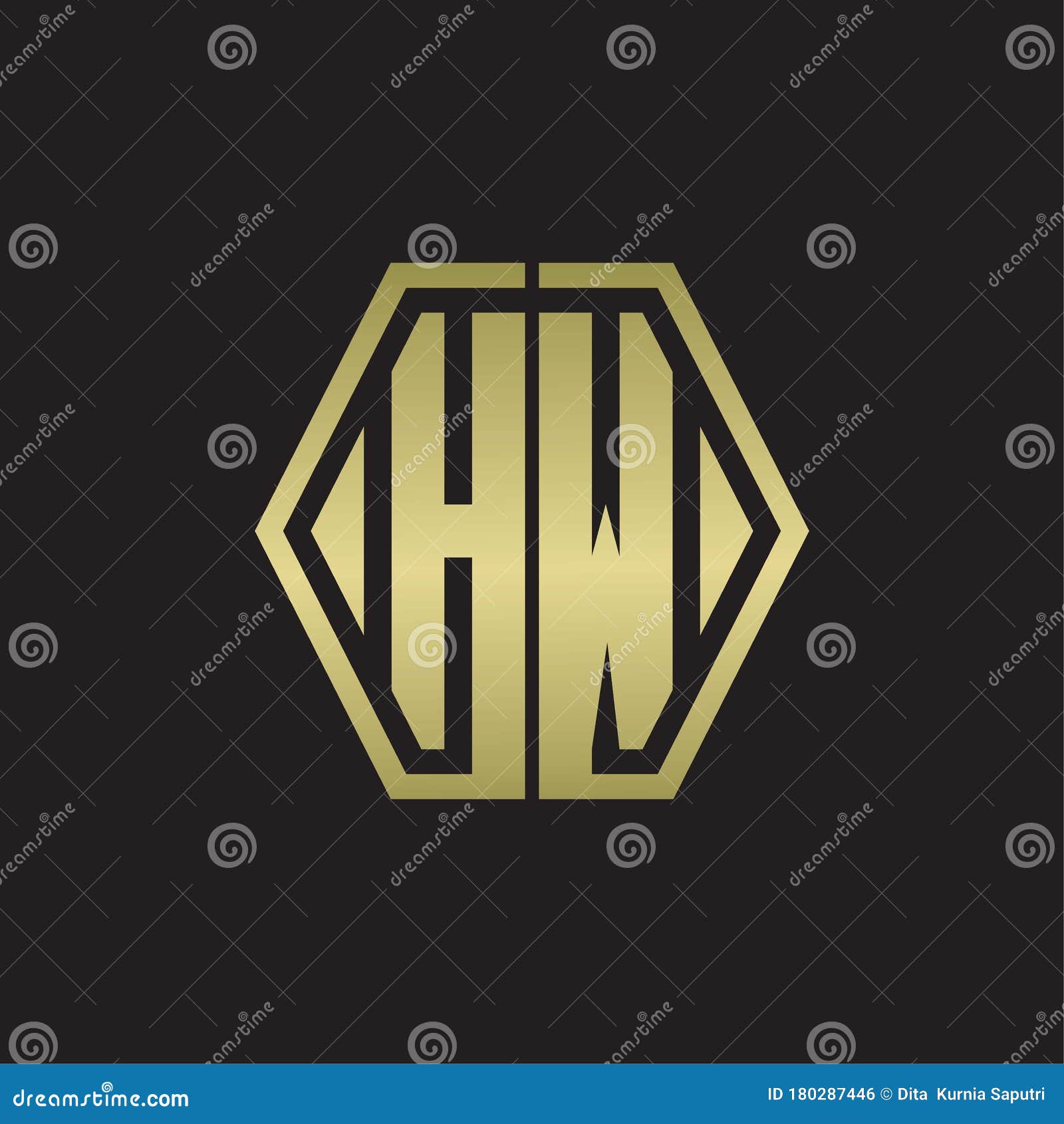 HW Logo Monogram with Hexagon Line Rounded Design Template with Gold ...