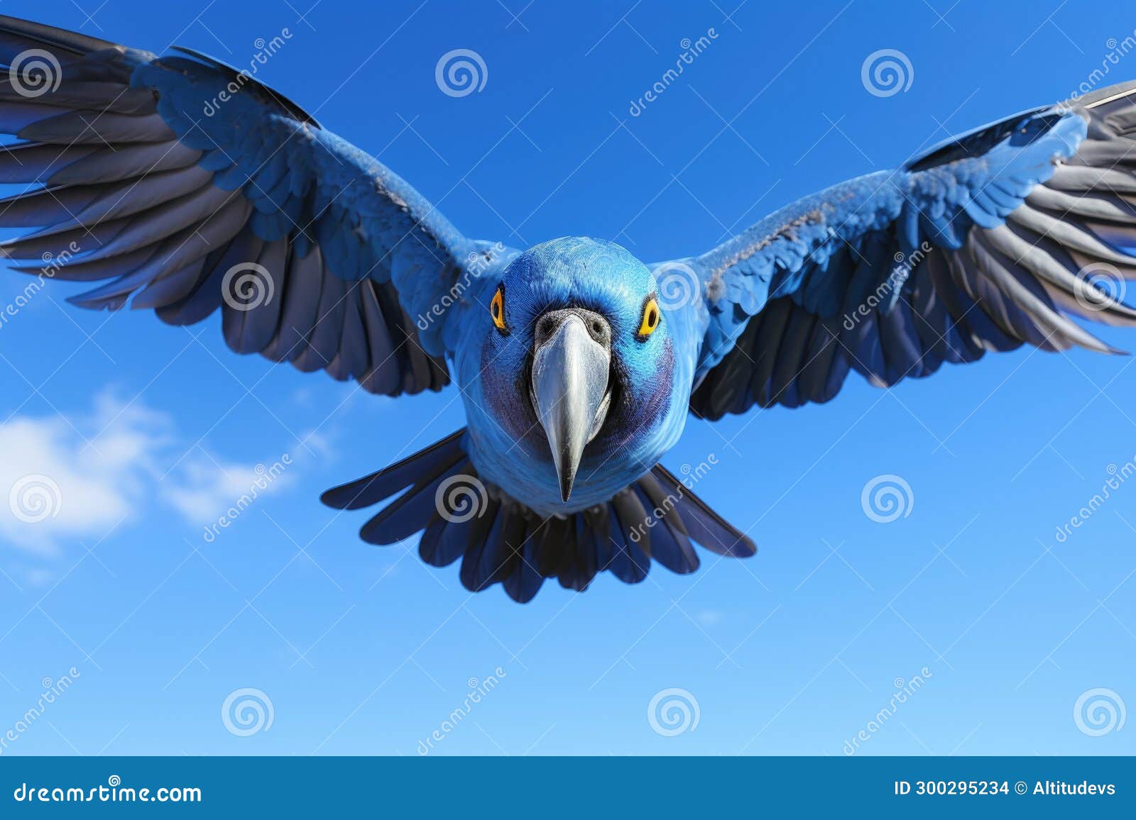 A Hyacinth Macaw Flying Against a Clear Blue Sky Stock Photo - Image of ...