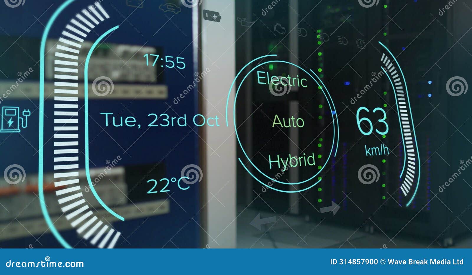 Hybrid Vehicle Interface Screen Over Dark Computer Server Room Stock ...