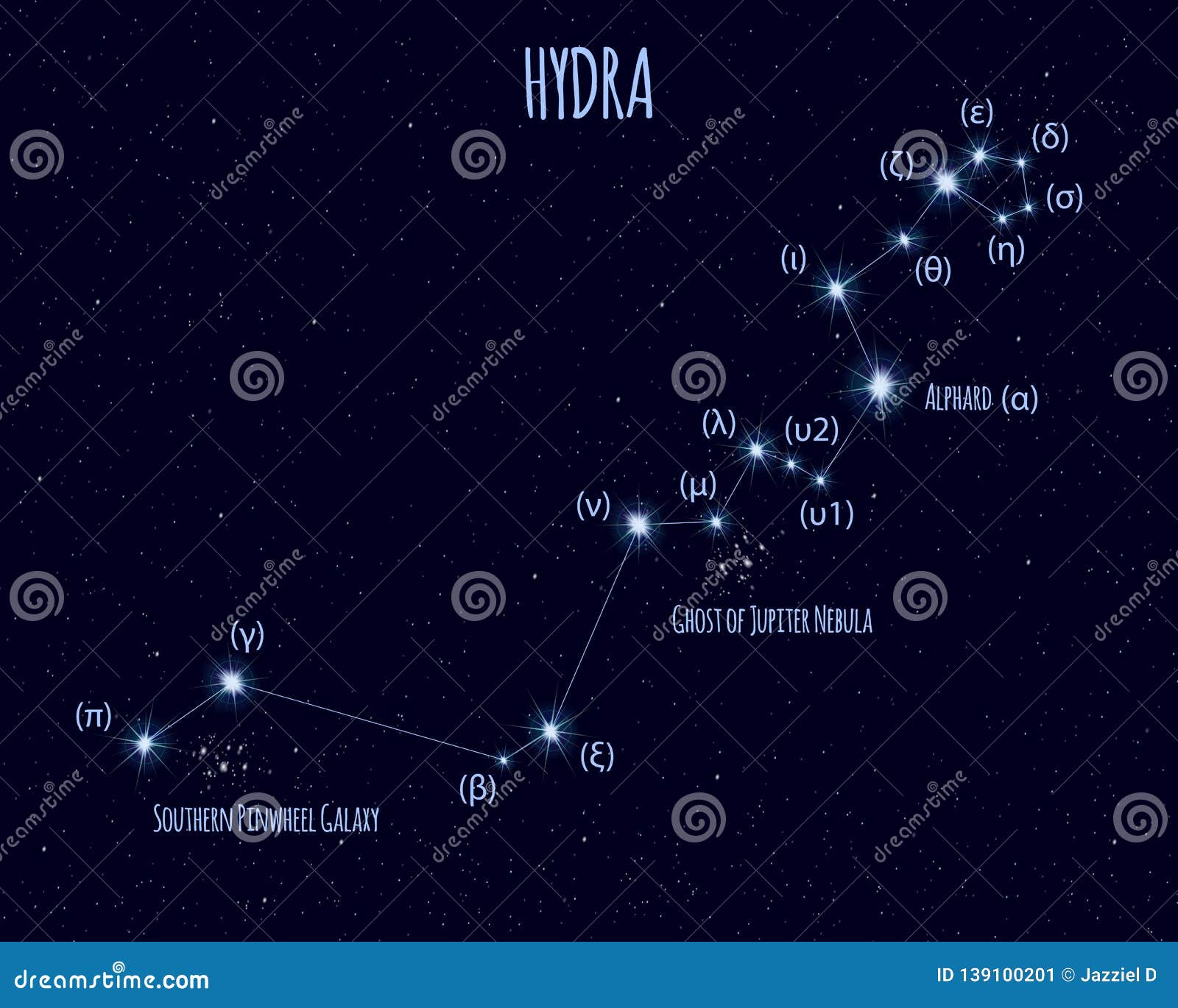 Hydra Constellation, Vector Illustration with the Names of Basic Stars ...