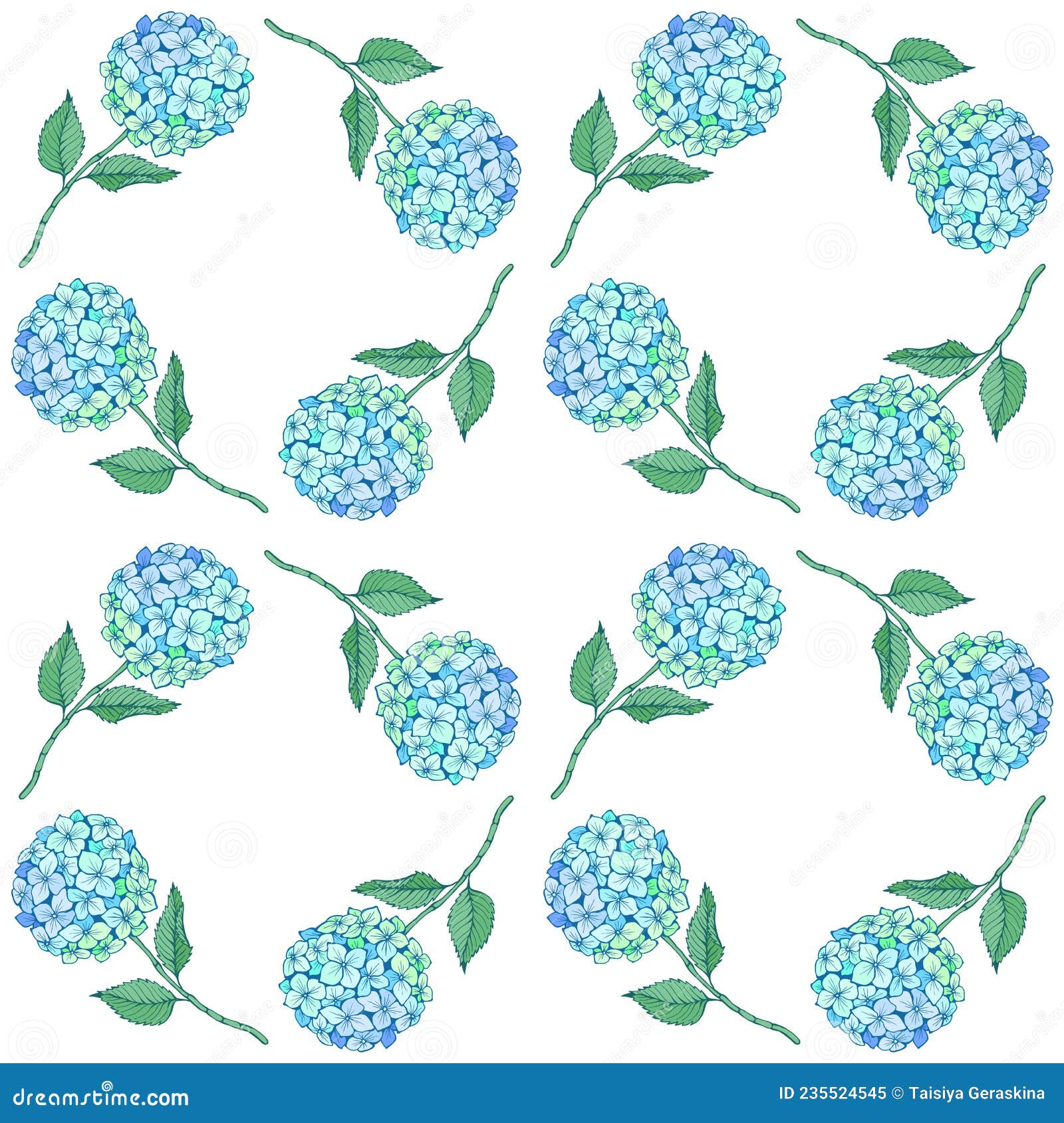 Hydrangea Flower Seamless Pattern. Blue Green Petals, Stem and Leaves ...