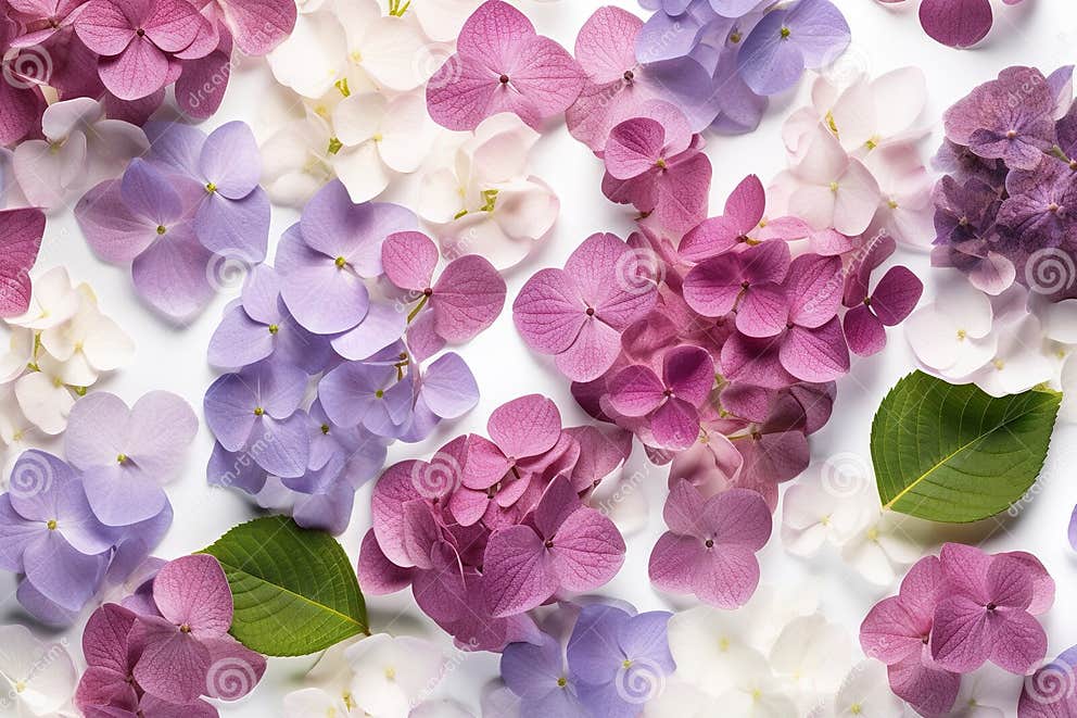 Hydrangea Flowers Seamless White Background, Top-down View Stock ...