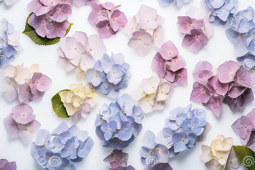 Hydrangea Flowers Seamless White Background, Top-down View Stock ...