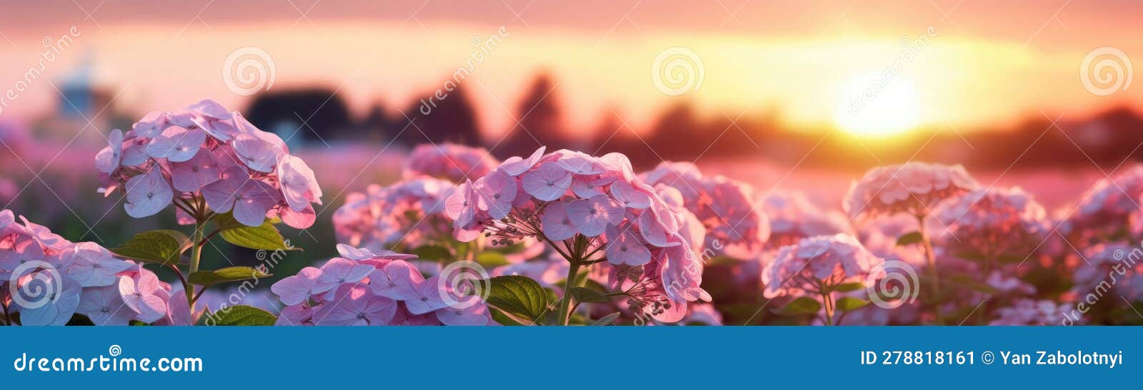 Hydrangeas Field Blurred Sunrise Banner Background. Generative AI Stock ...