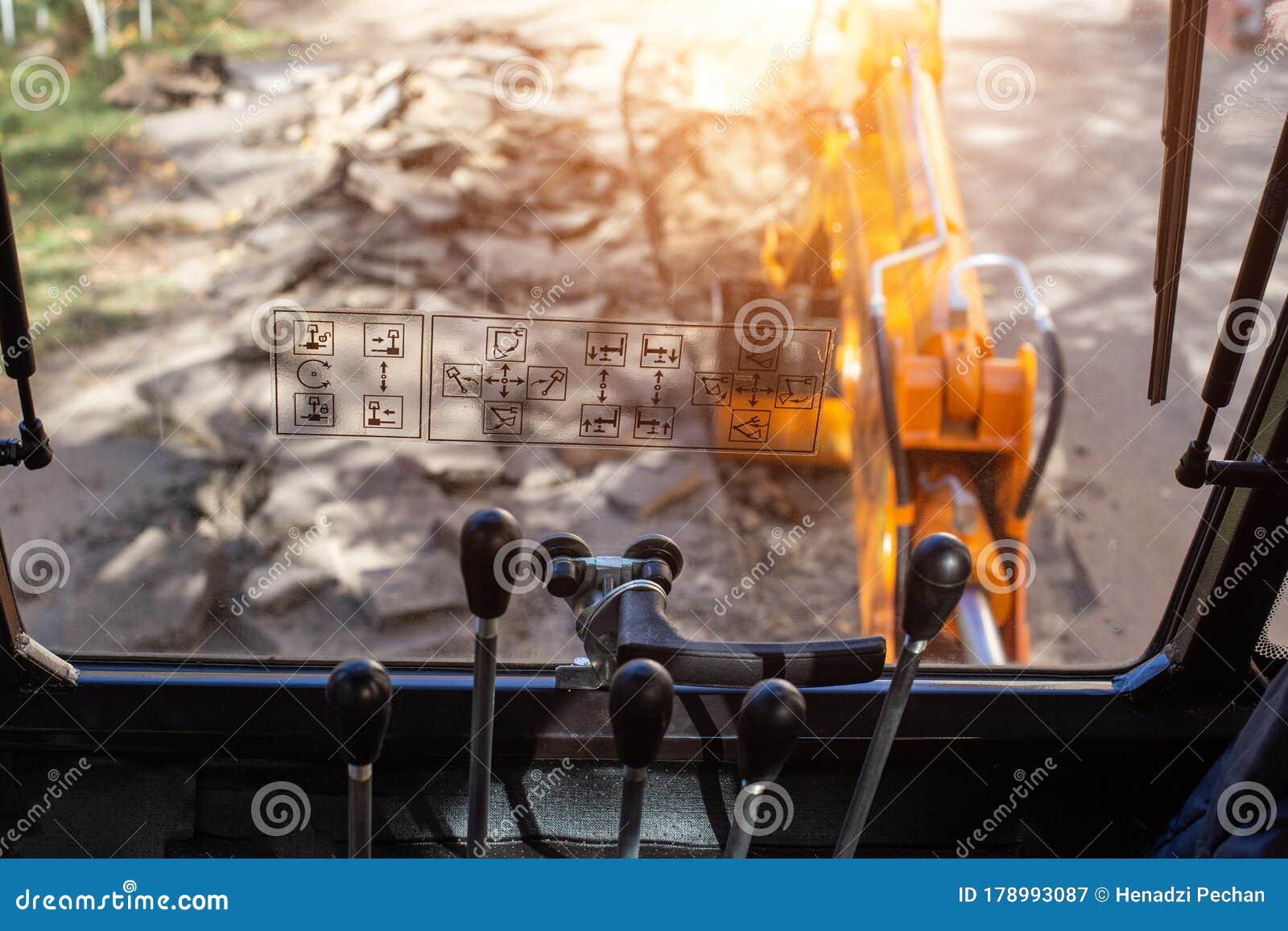 Hydraulic Excavator Control Levers with Bucket. Inside View, Copy Space ...
