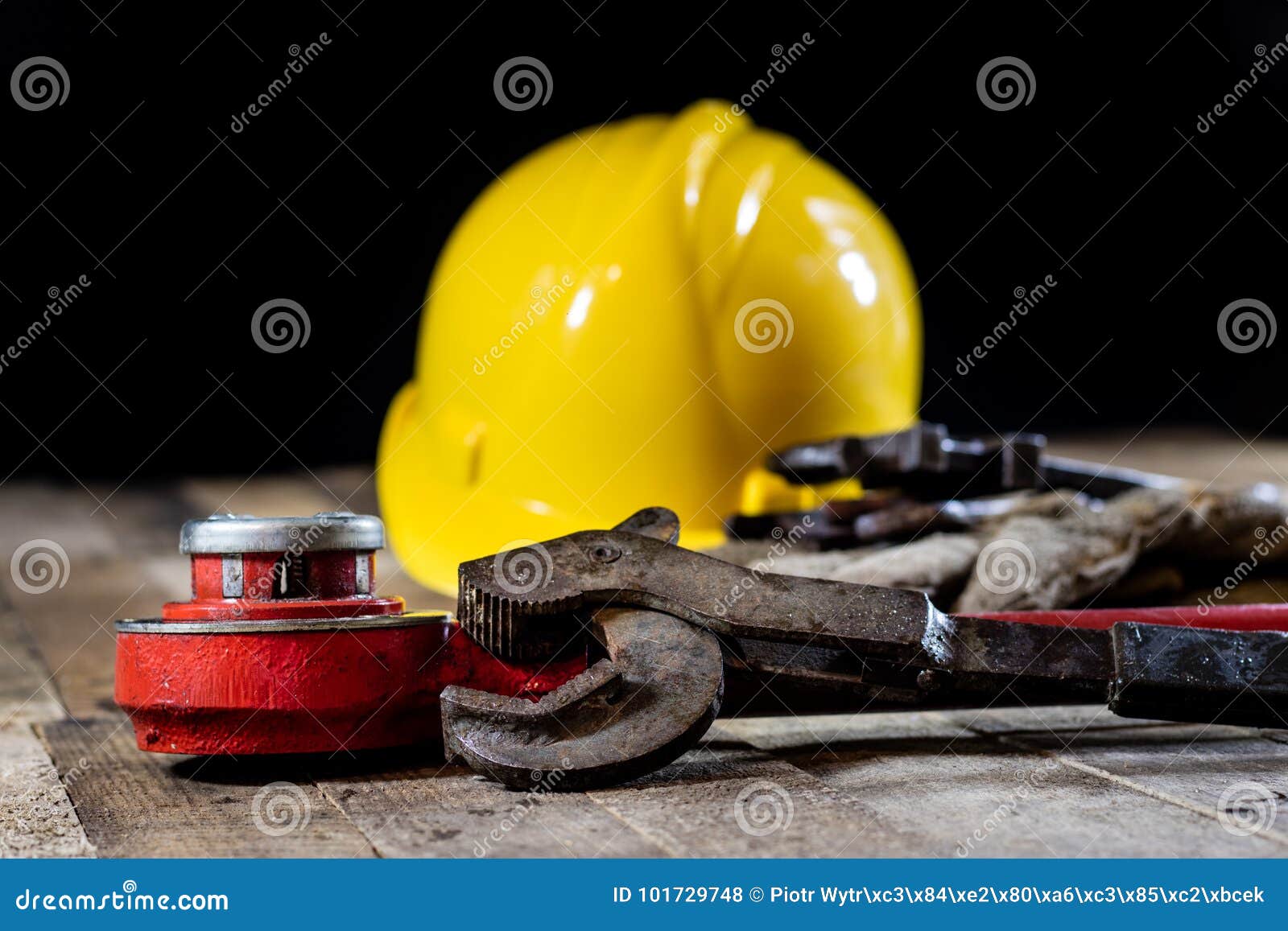 Hydraulics, Tools for Plumber on Wooden Table. Workshop, Table a Stock ...
