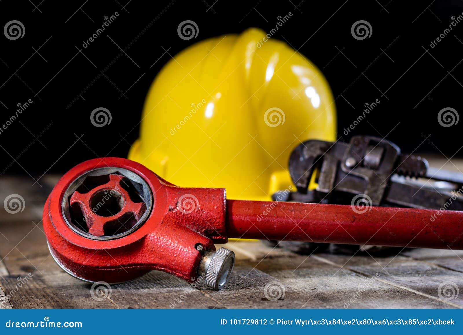 Hydraulics, Tools for Plumber on Wooden Table. Workshop, Table a Stock ...