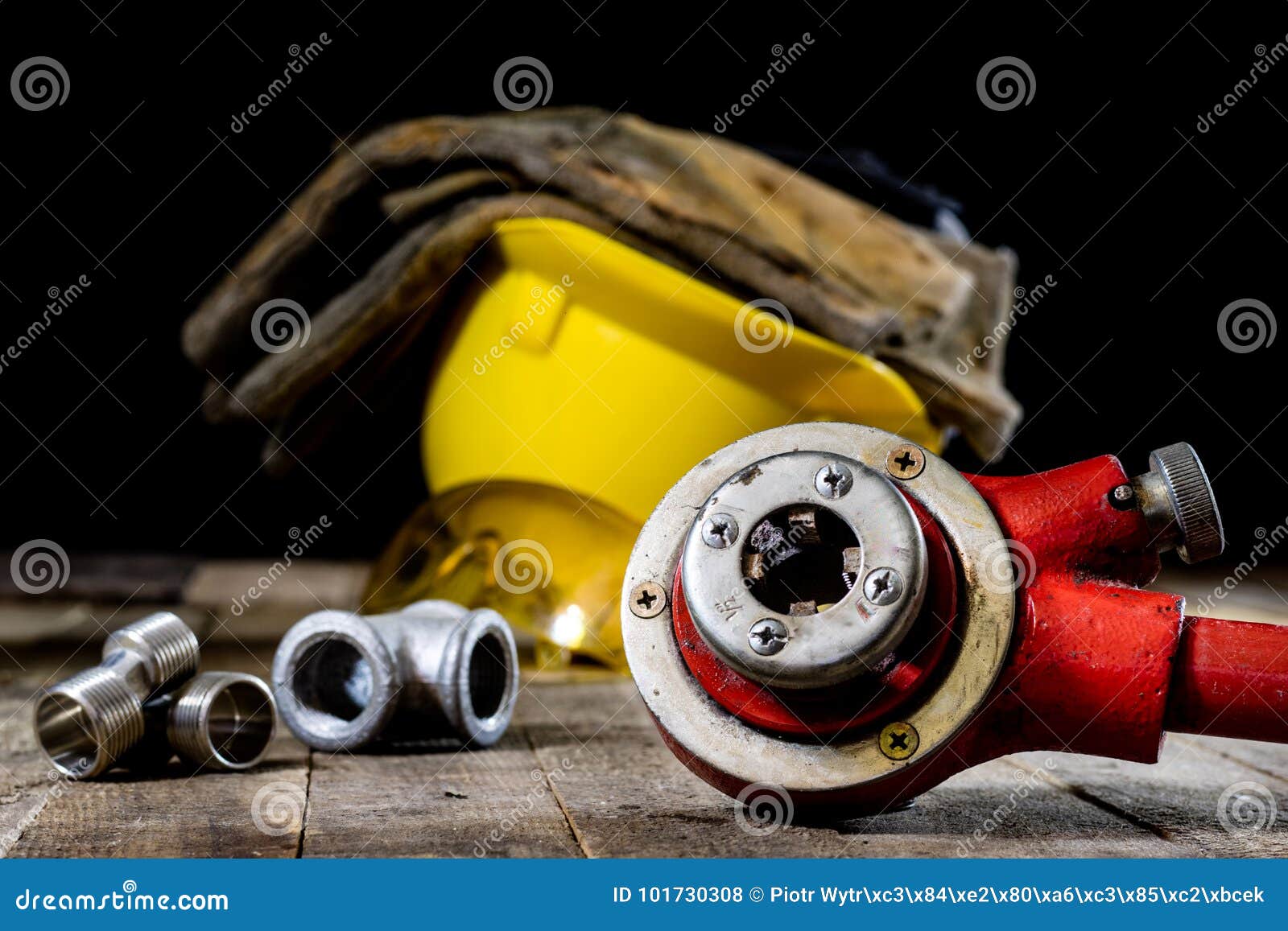 Hydraulics, Tools for Plumber on Wooden Table. Workshop, Table a Stock ...