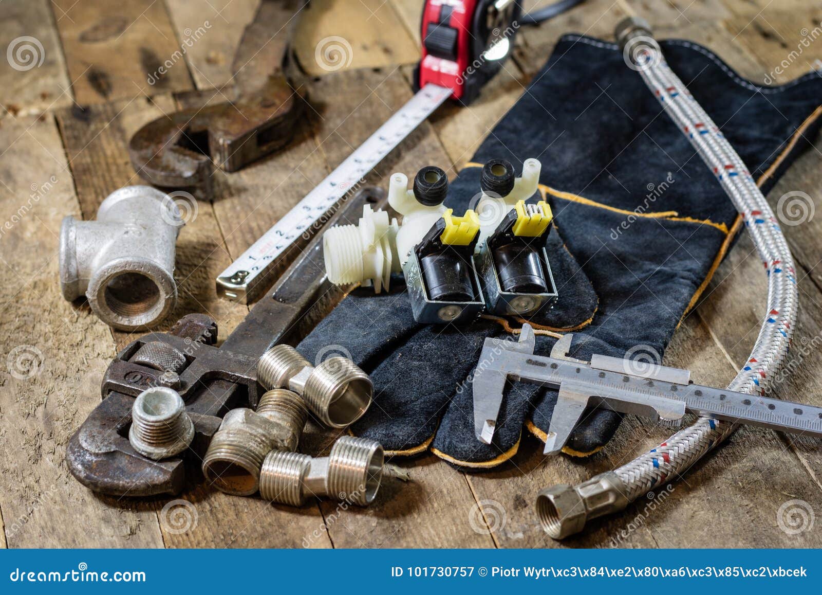 Hydraulics, Tools for Plumber on Wooden Table. Workshop, Table a Stock ...