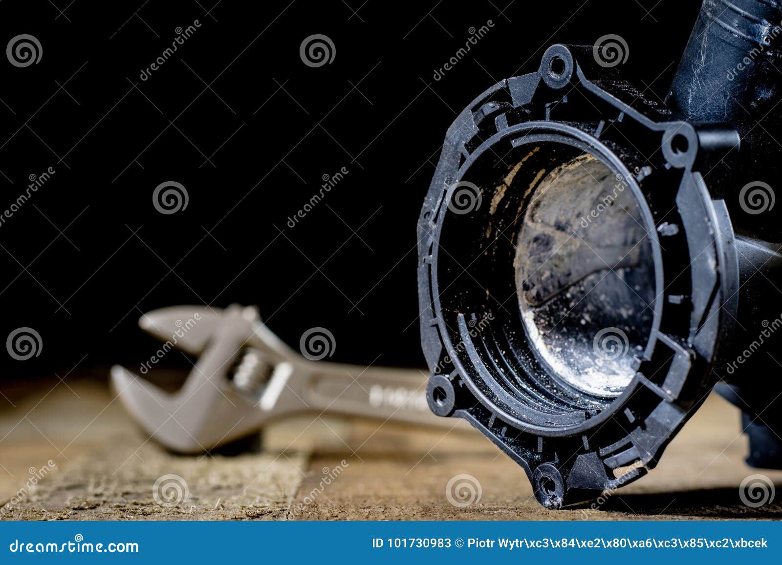 Hydraulics, Tools for Plumber on Wooden Table. Workshop, Table a Stock ...