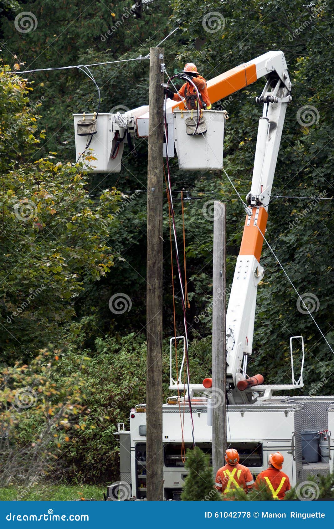 Hydro Workers Replace a Utility Pole Stock Photo - Image of aerial ...