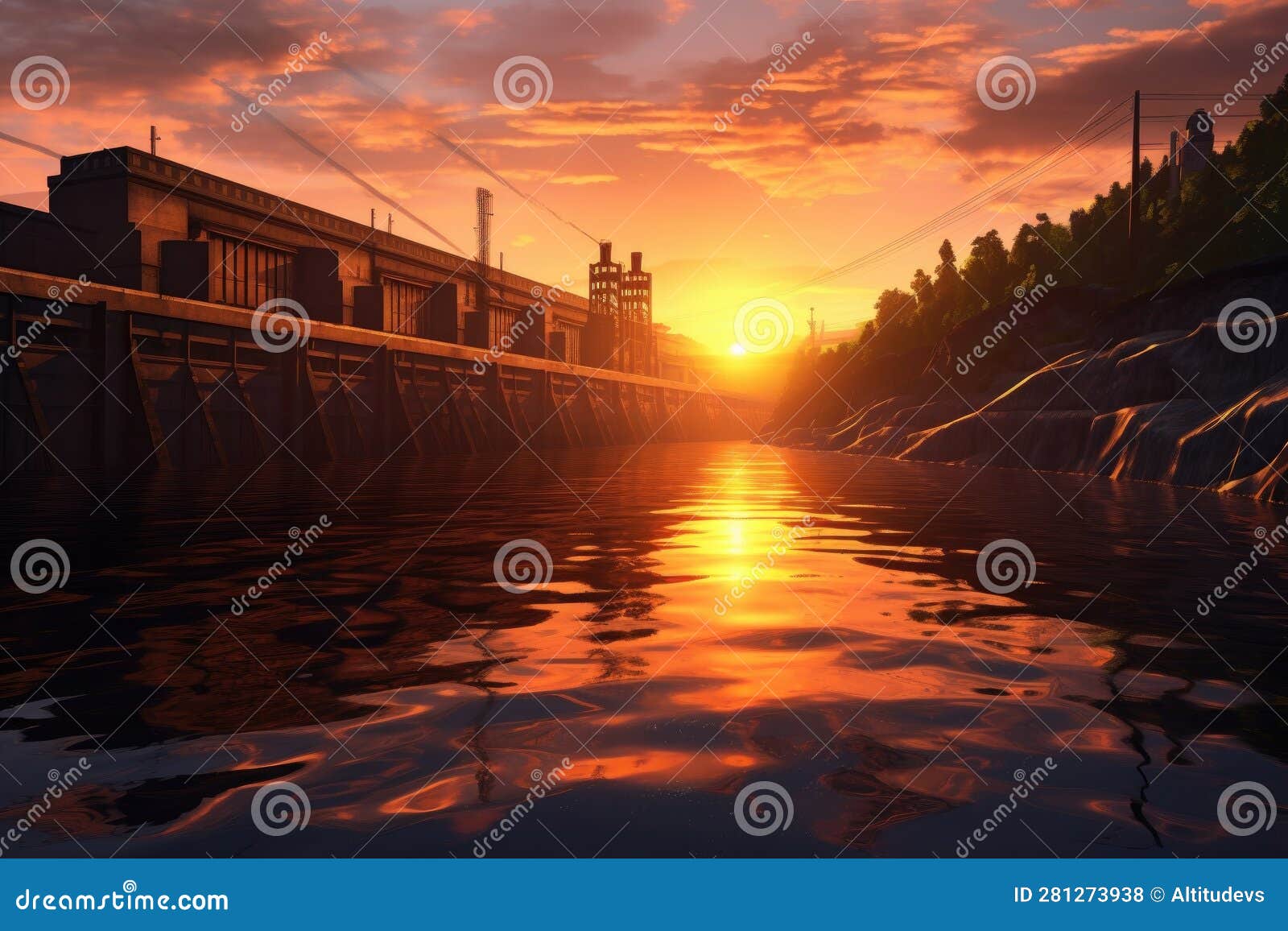 Hydroelectric Dam at Sunset with Calm Water Stock Photo - Image of ...