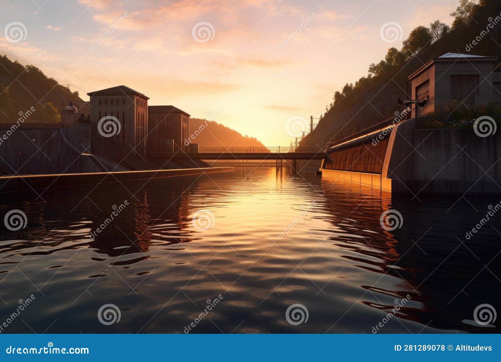 Hydroelectric Dam at Sunset with Calm Water Stock Illustration ...