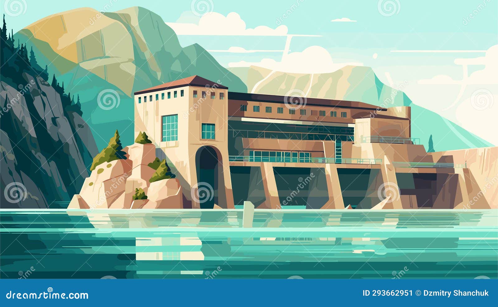 Hydroelectric Power Station Drawing Flat Style Vector Stock Vector ...
