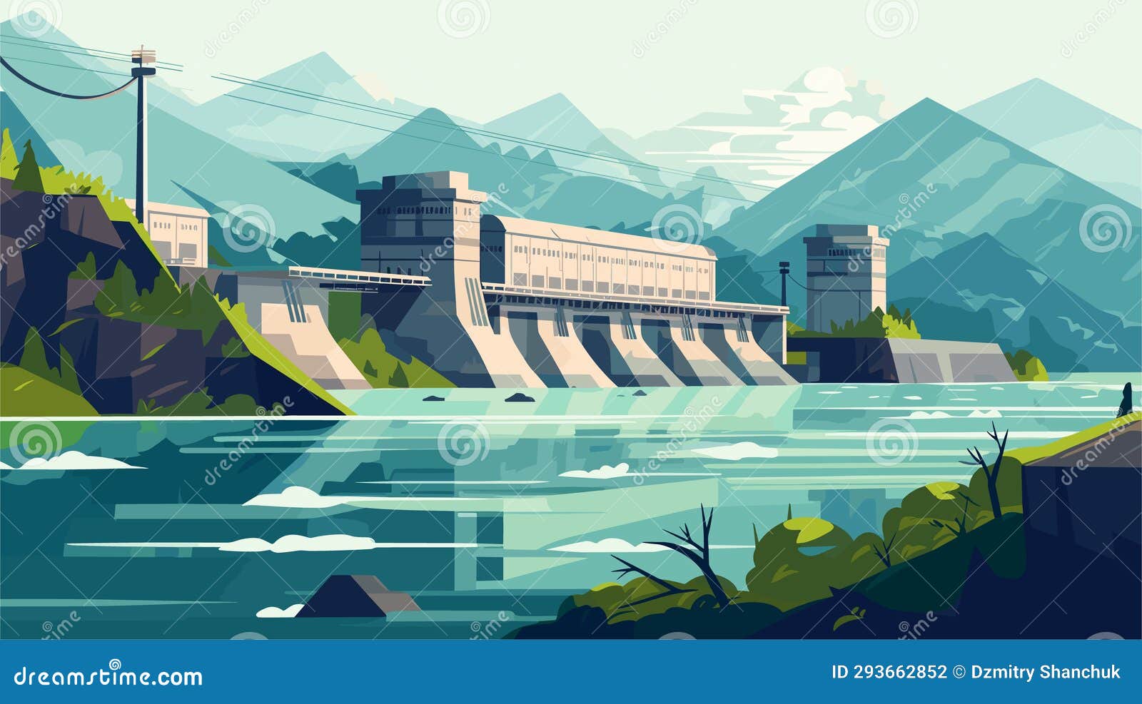Hydroelectric Power Station Drawing Flat Style Vector Stock Vector ...