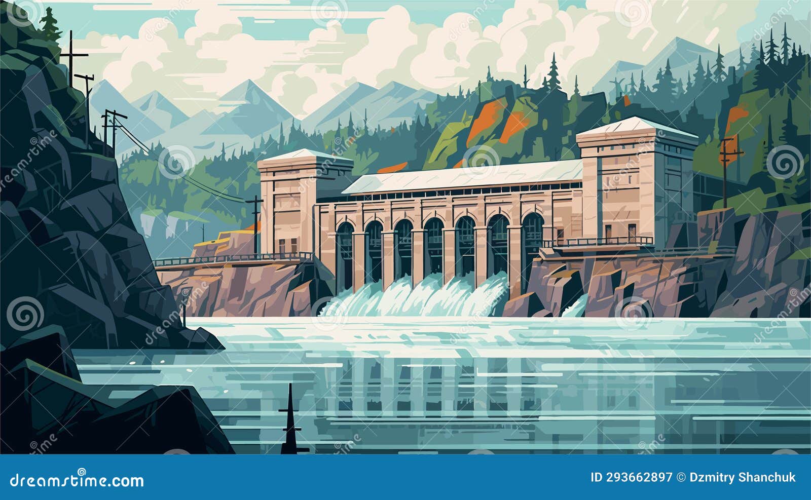 Hydroelectric Power Station Drawing Flat Style Vector Stock Vector ...