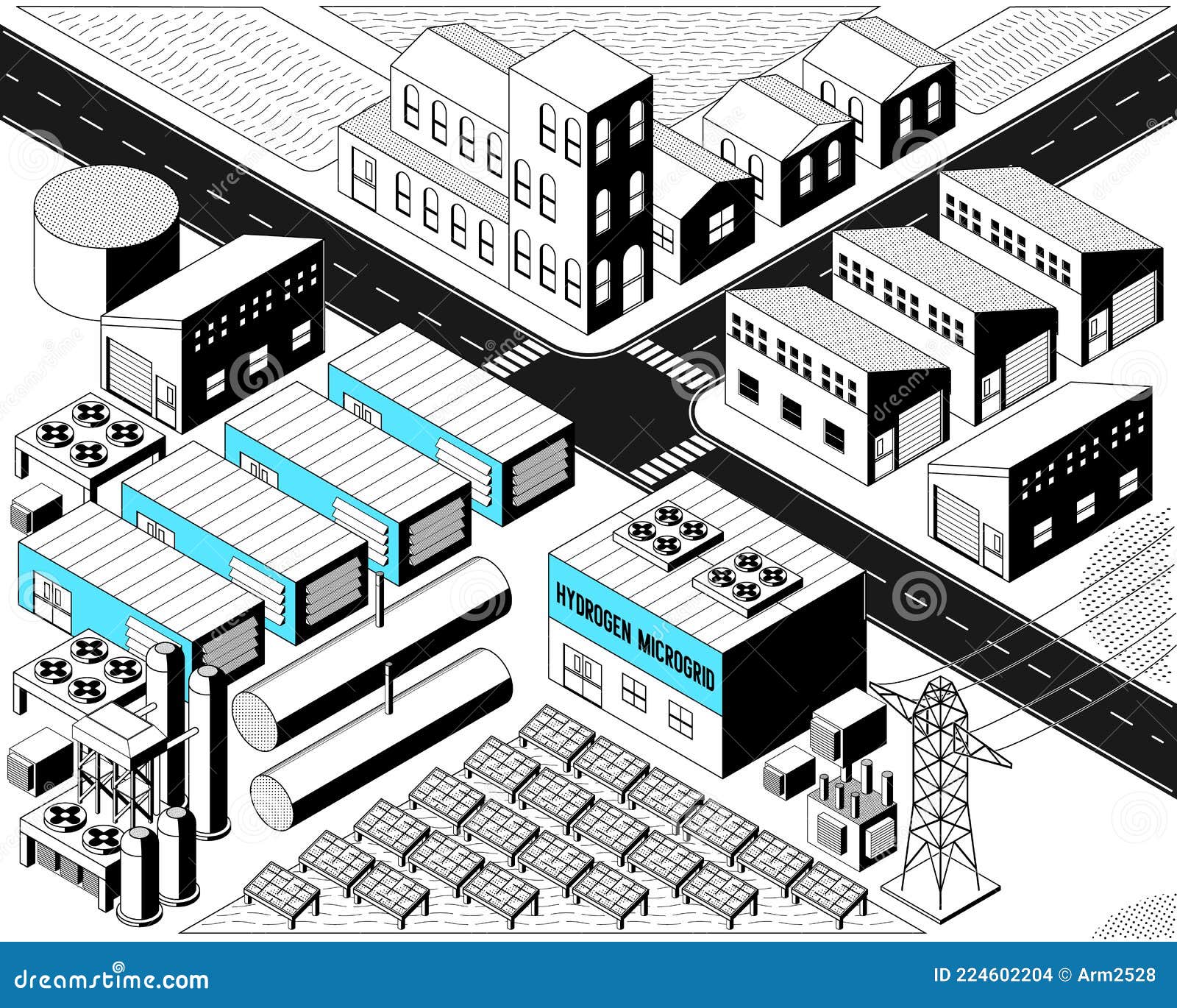 Hydrogen Microgrid Graphic Line Cartoon Vector | CartoonDealer.com ...