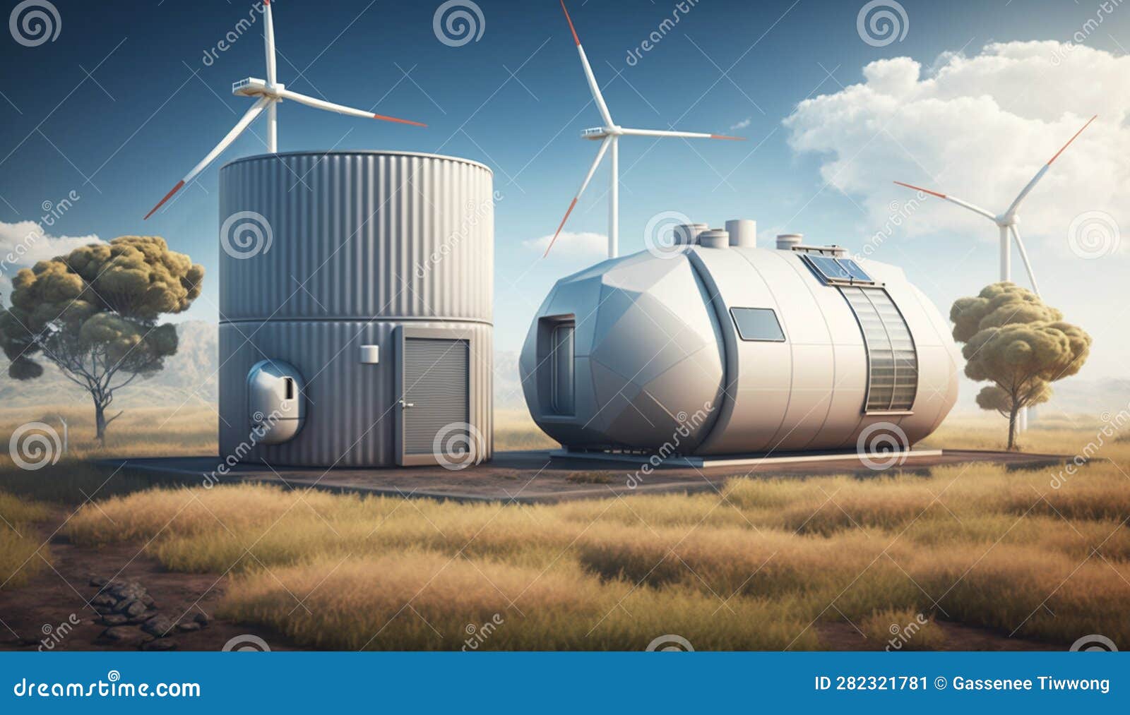 Image of a Hydrogen Storage Tank on a Hill with Turbines and Solar ...