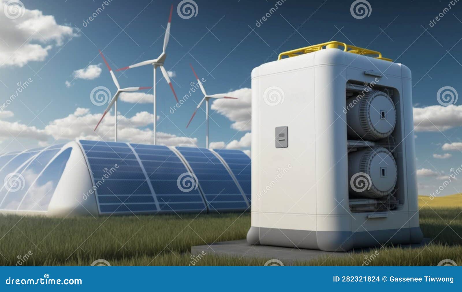 Image of a Hydrogen Storage Tank on a Hill with Turbines and Solar ...