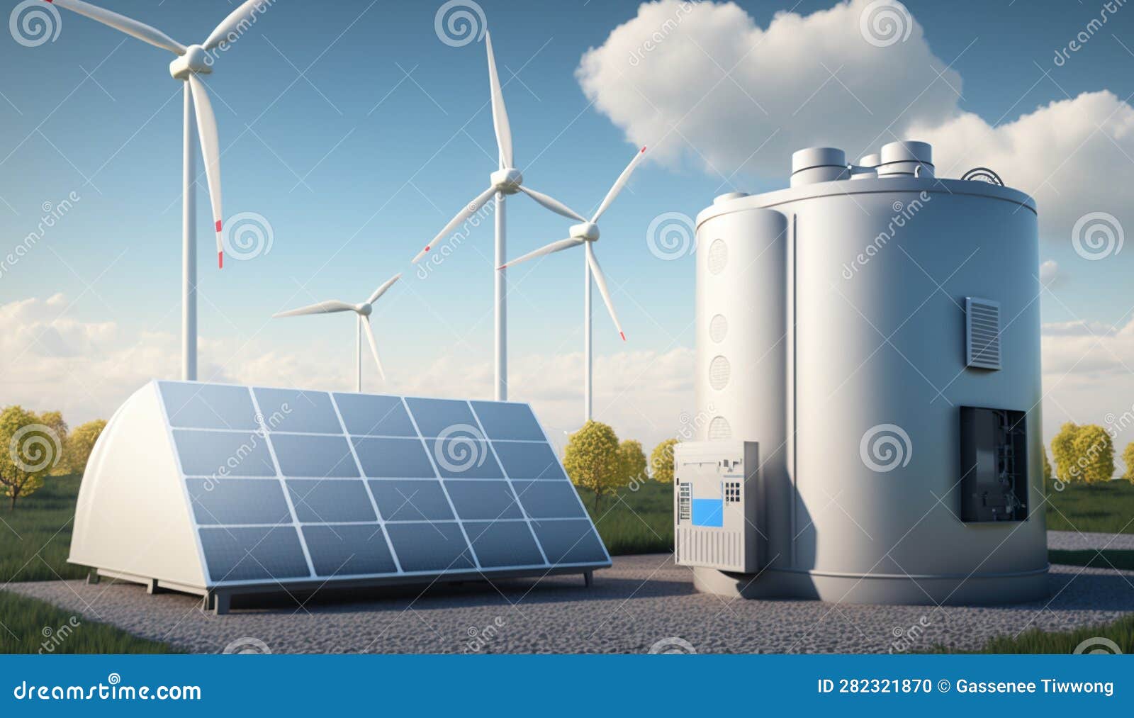 Image of a Hydrogen Storage Tank on a Hill with Turbines and Solar ...
